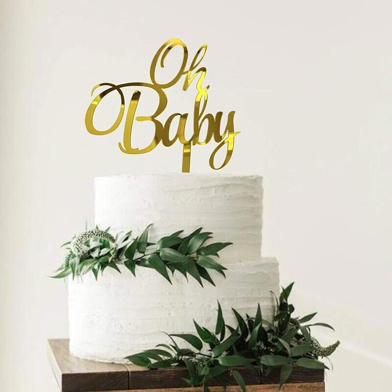 Baby Shower Cake Topper “OH BABY” Acrylic Mirror Gold Elegant ...