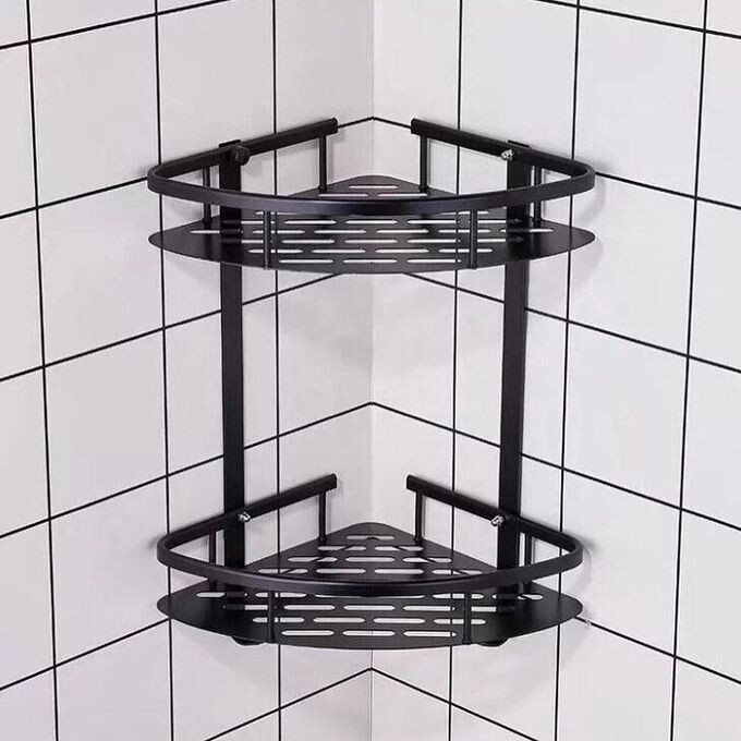 Black 2 Layer Aluminum Shower Caddy Bathroom Corner Shelf