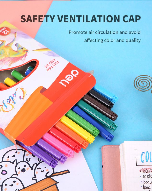 Deli WASHABLE FELT PENS - FIBRE BULLET TIP 1.0MM - 12 COLOURS #C10000