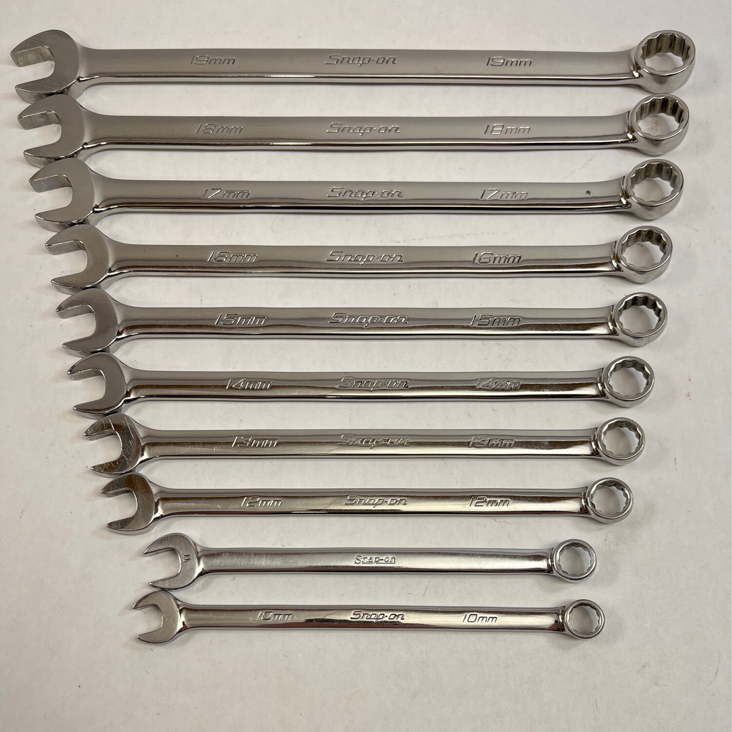 Snap On 10 Pc. 12-Point Metric Flank Drive Long Combination Wrench Set (10-19 mm) OEXLM710B ...