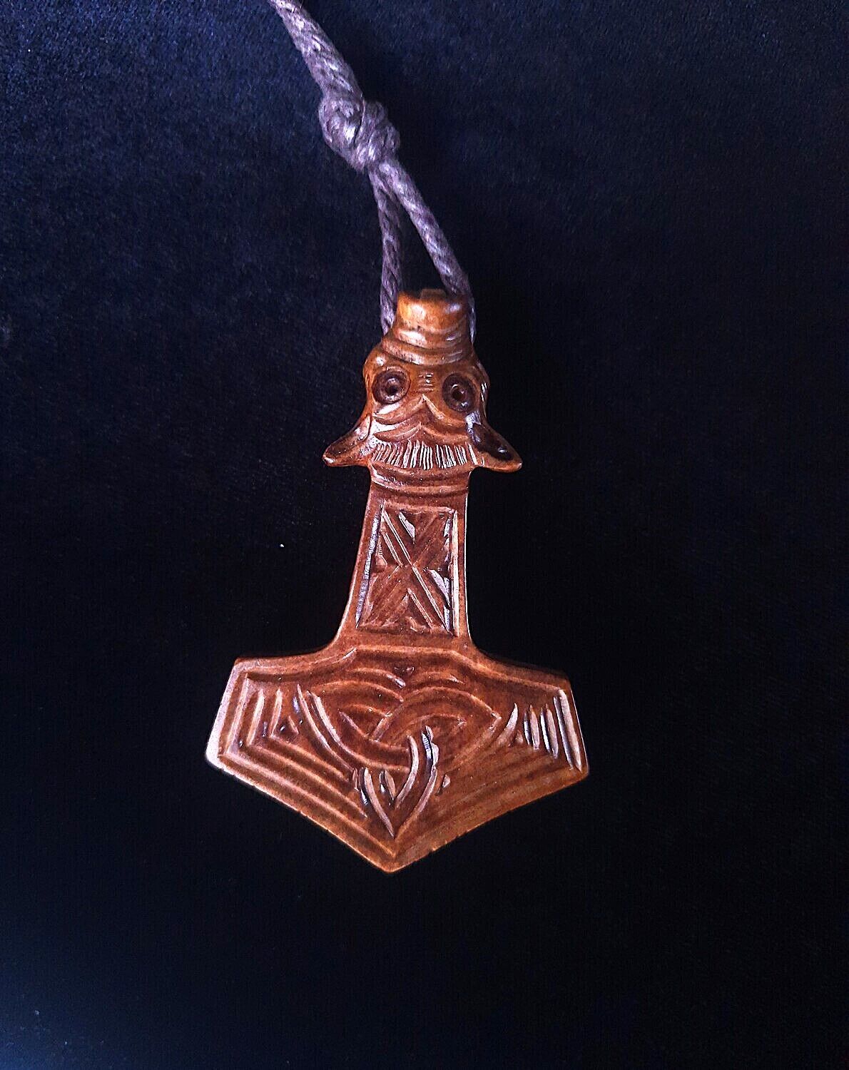 Hand-Carved Mjolnir Pendant – Norse God Thor’s Hammer with Triquetra Symbol