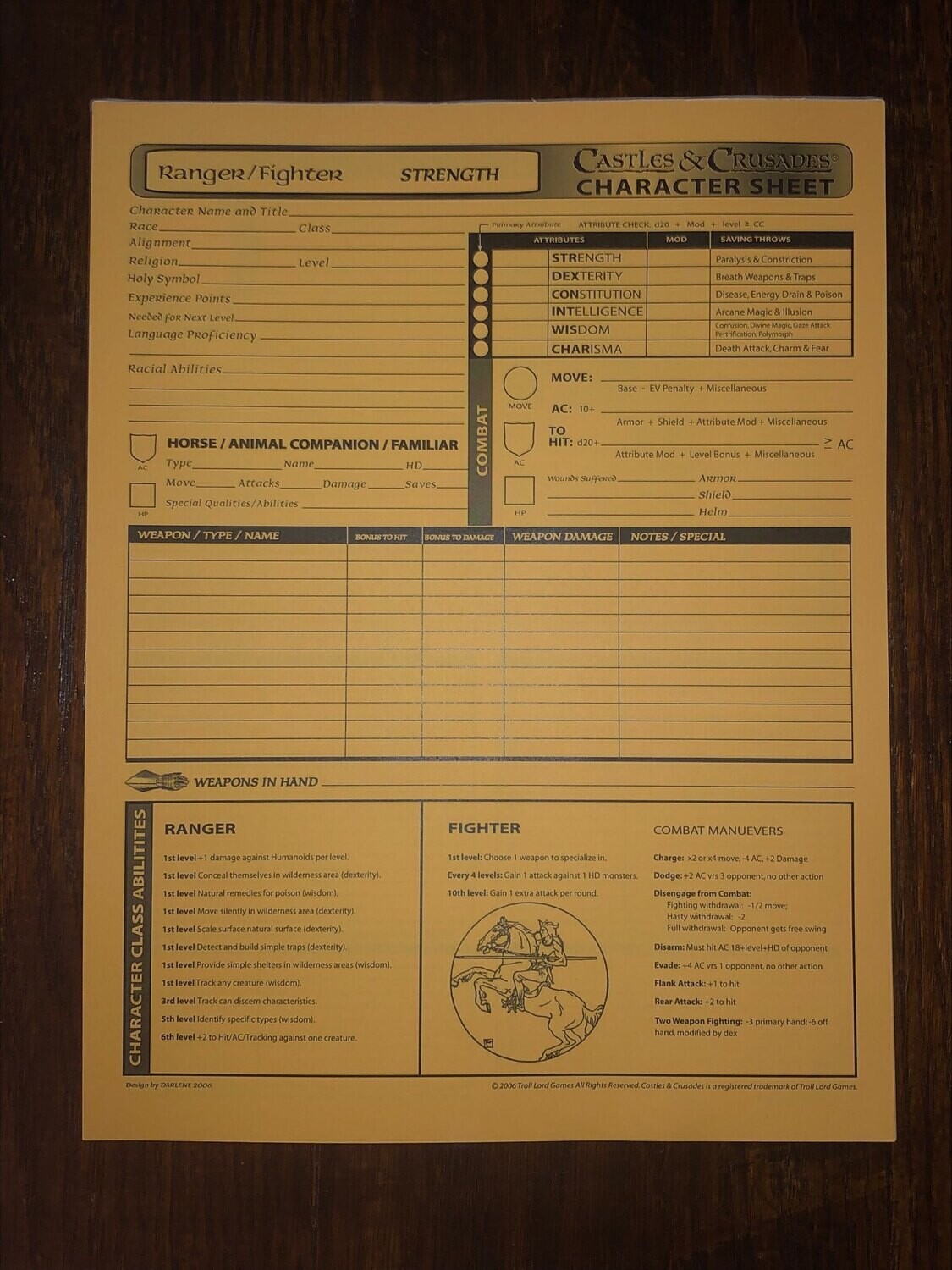 Castles & Crusades Character Reference Sheets Goldenrod - Digital
