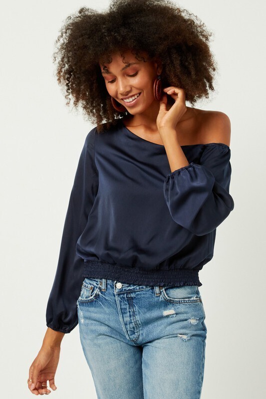 In The Navy Off Shoulder Satin Top