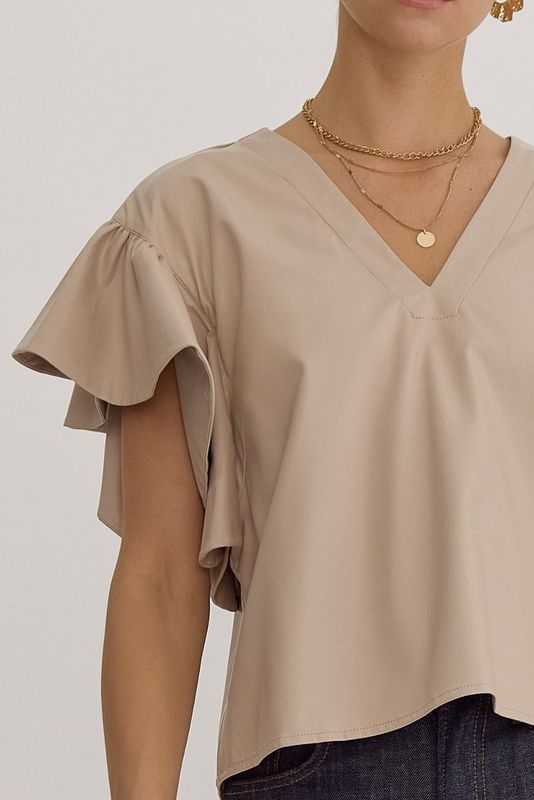 Faux Leather Ruffle Sleeve Top - Ecru