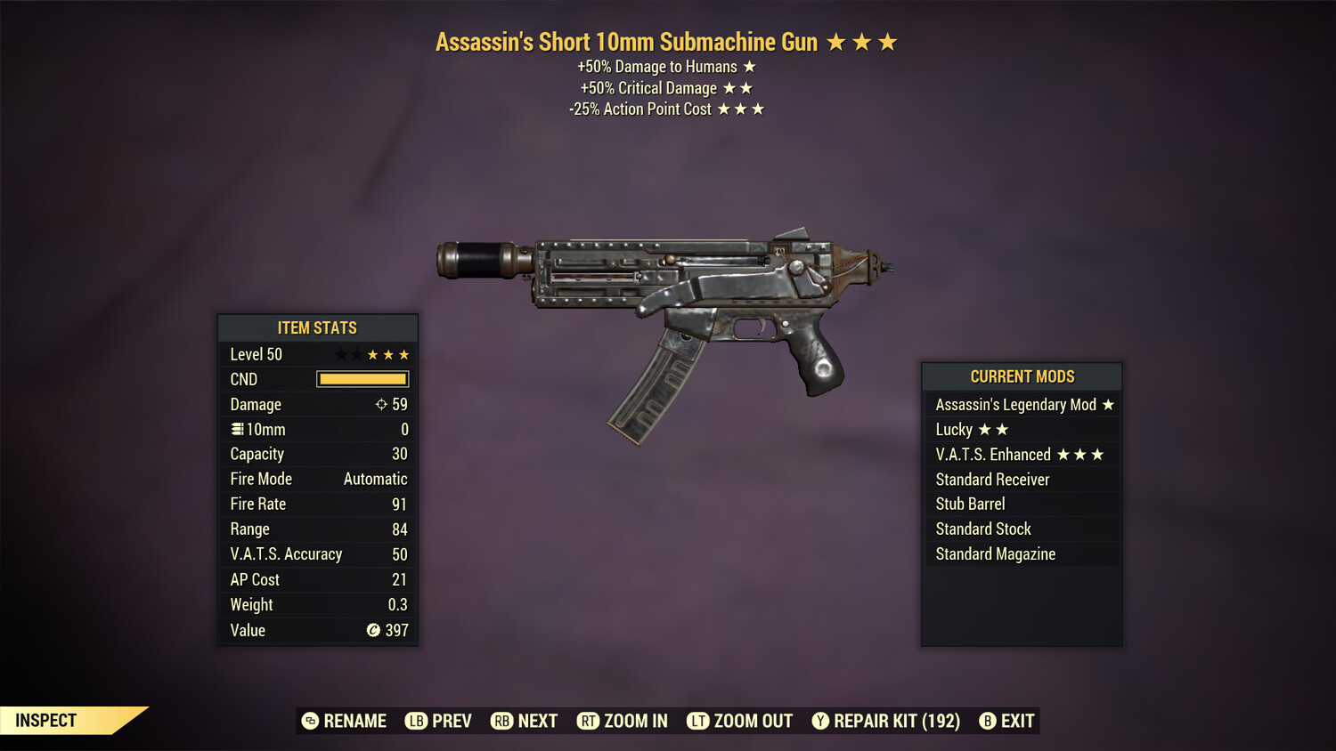 Assassins 50/25 10mm Submachine Gun