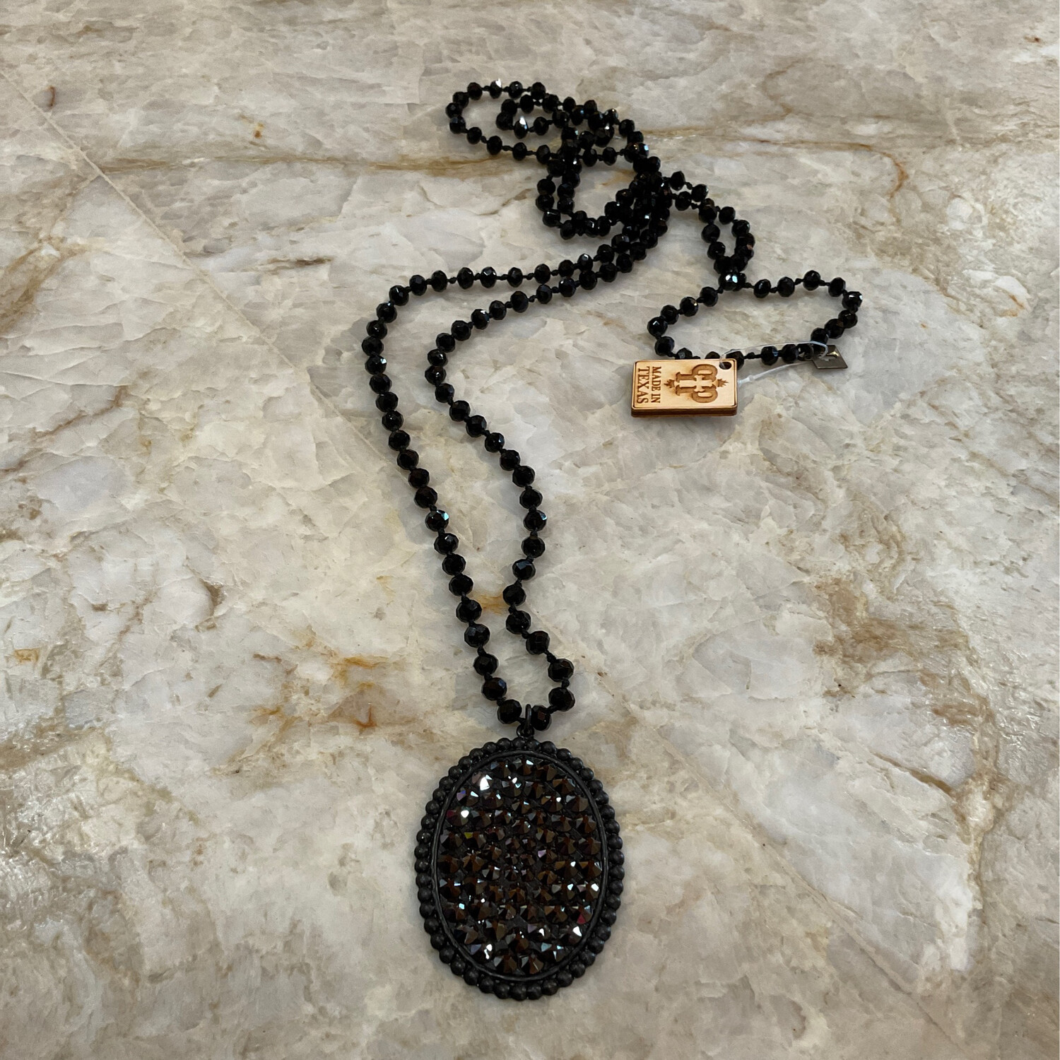 Pink Panache 1N335BLBL Blk Oval Crystals Knotted Bead Necklace