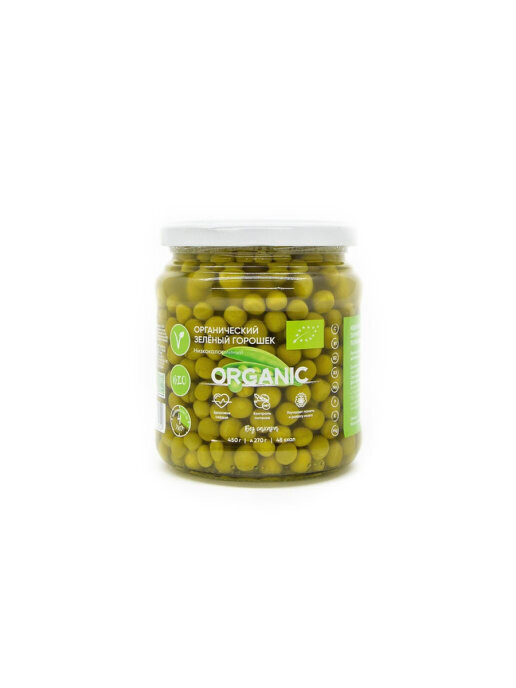 Горошек зелёный консервированный БЕЗ САХАРА в стеклянной банке, Organic ...