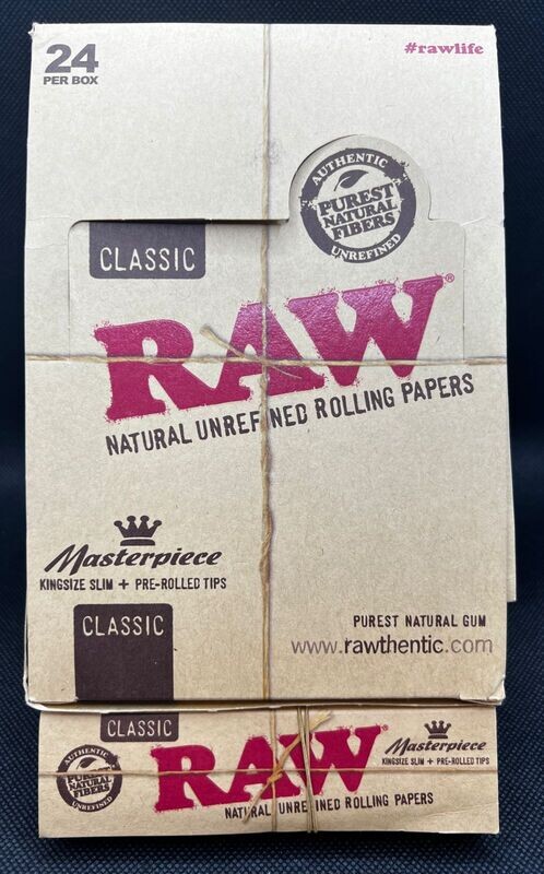 RAW CLASSIC MASTERPIECE K/S SLIM + PRE ROLLED TIPS 24 PACKS/BOX 32 ...