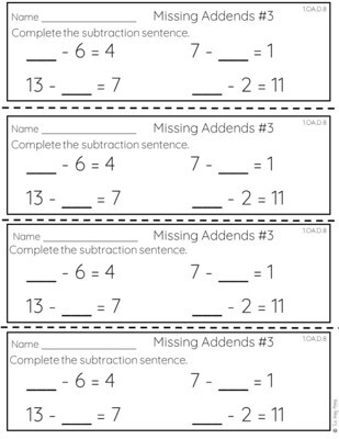 Addition & Subtraction Worksheet Activities Missing Addends Balancing Equations - Shop - The ...