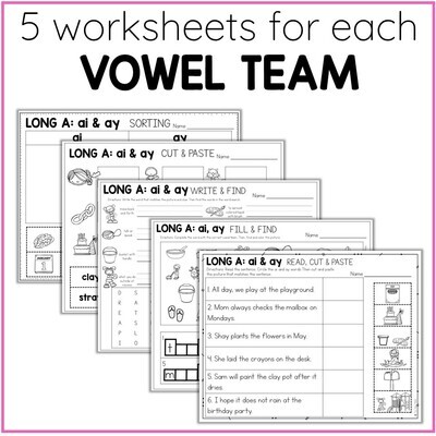 Vowel Team Activities Worksheets No Prep Long A, E, I, O, U Vowel Teams ...