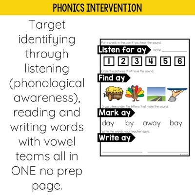 Vowel Teams Phonics Activities Intervention One Page No Prep Teacher ...