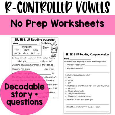 R-Controlled Vowels ER, IR & UR Activities Worksheets Reading Writing ...