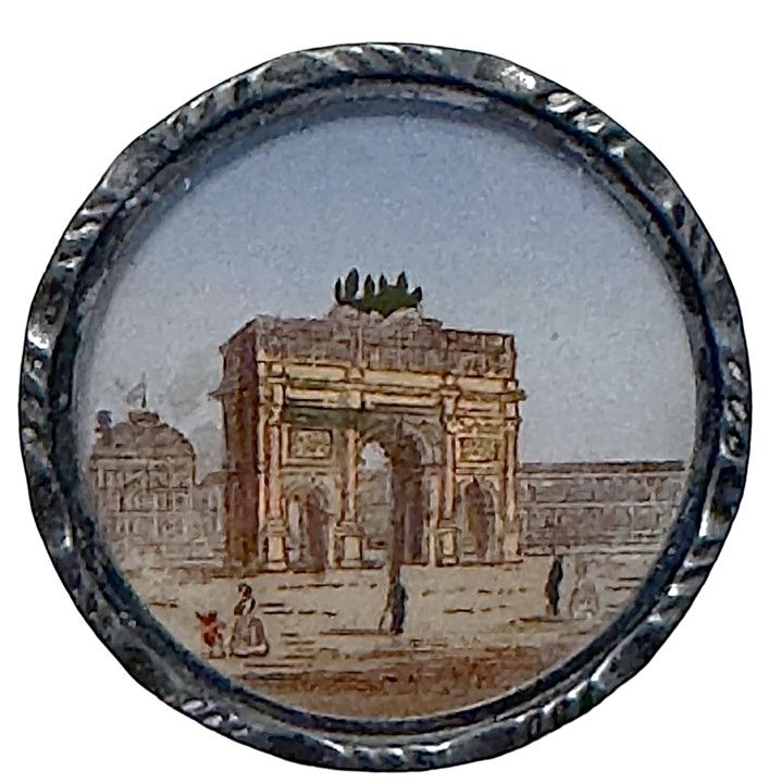 A WONDERFUL LARGE REVERSE PAINTED GLASS ARCHITECTURAL BUTTON!