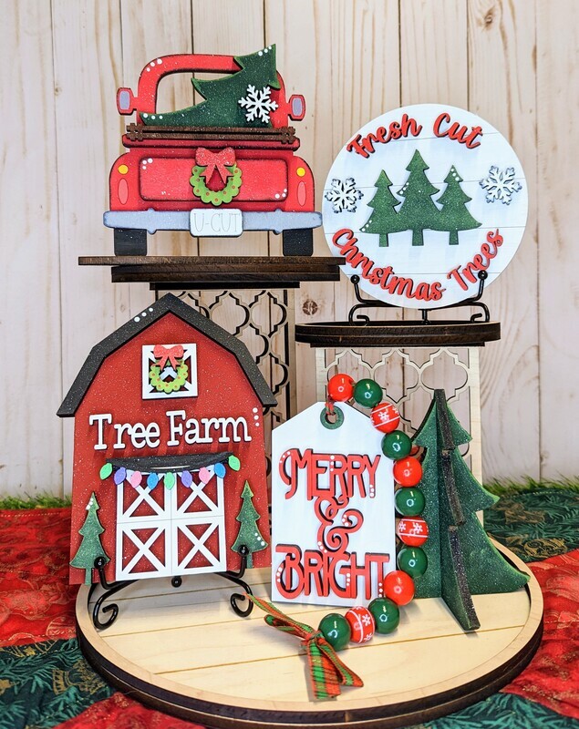 DIY Christmas Tree Farm w/Barn Tiered Tray Set (Unpainted/Unglued)