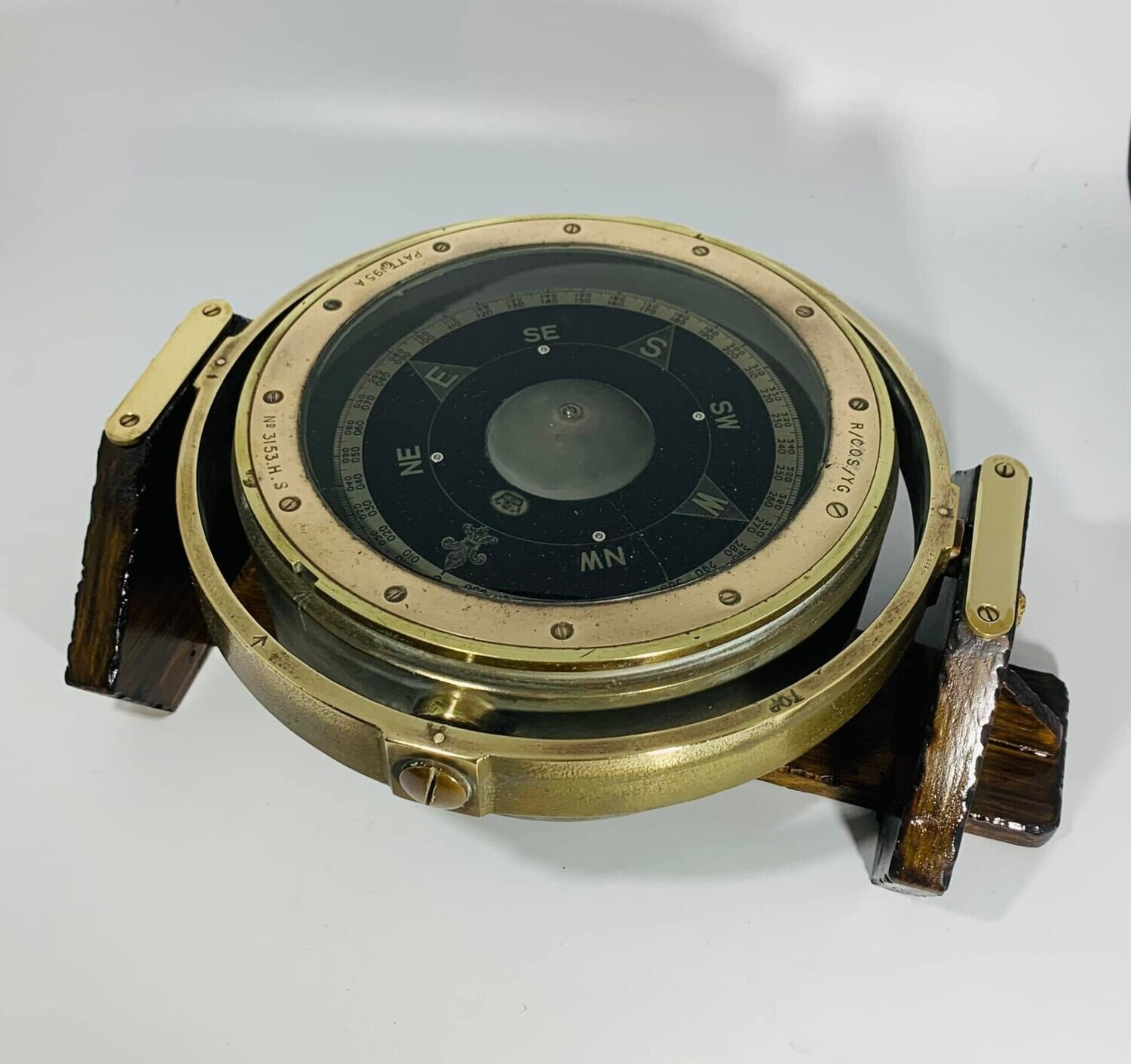 Fabulous WW2 Royal Navy Brass Gimballed Compass (Patt 195A) on Oak Stand.