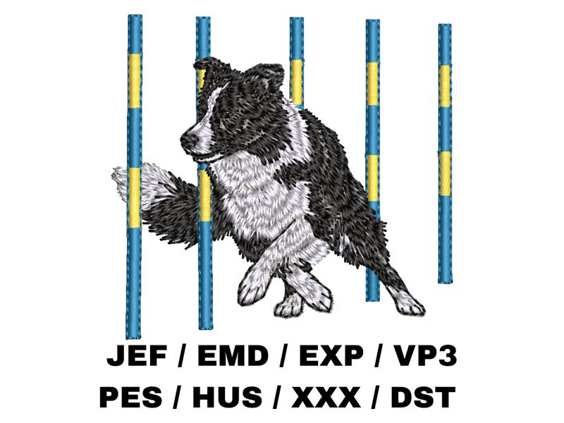 Border Collie Weave Poles Agility Embroidery Design