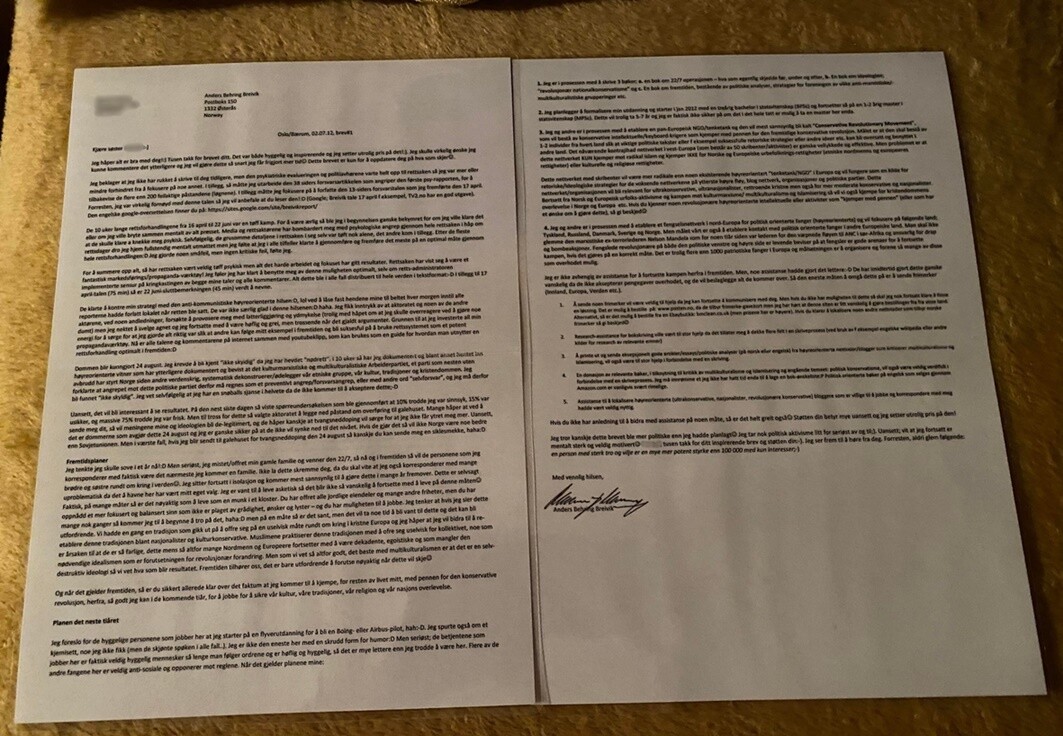 Anders Breivik signed letter