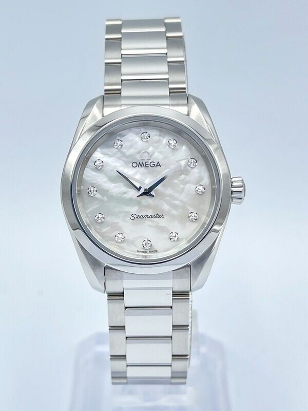 Ladies Omega Seamaster Aqua Terra 28mm Mop Diamond Dial Pearl Box & Papers