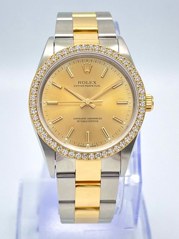Rolex Oyster Perpetual 34mm 14233 Champagne Dial Diamond Bezel Two Tone Box