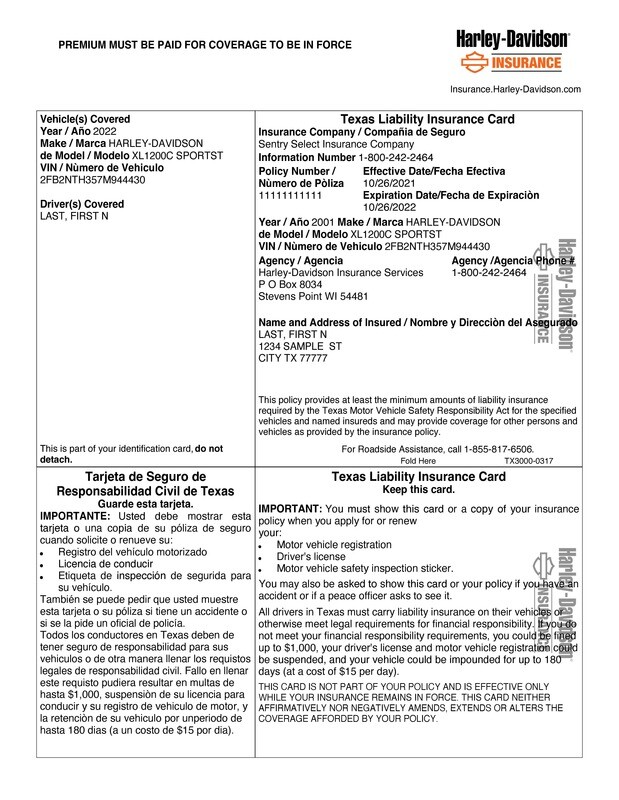 Harley Davidson Insurance Card Editable Template | Documentplug