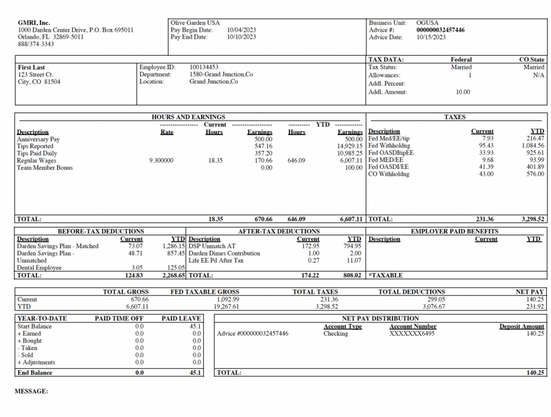 Paystub Editable Template - GMRI Restaurants | Documentplug