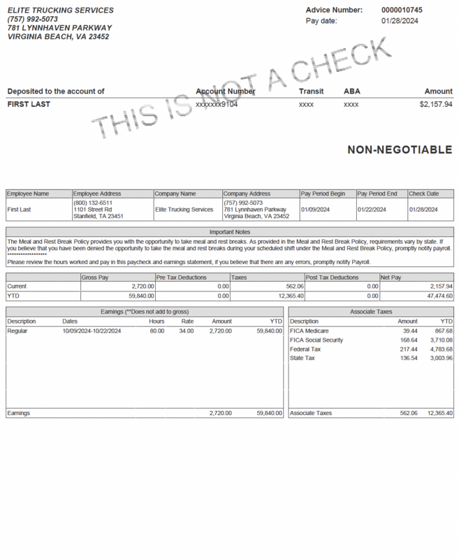 Paystub Editable Template - Elite Trucking Service | Documentplug