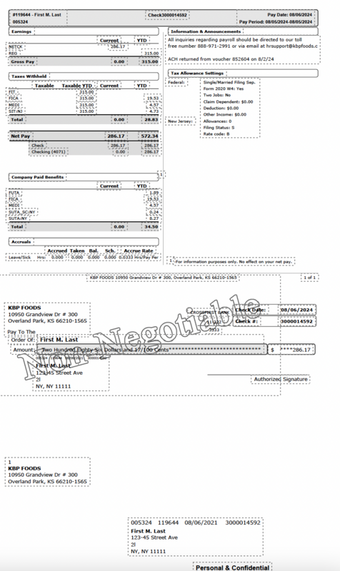 Paystub Editable Template - KBP Foods | Documentplug
