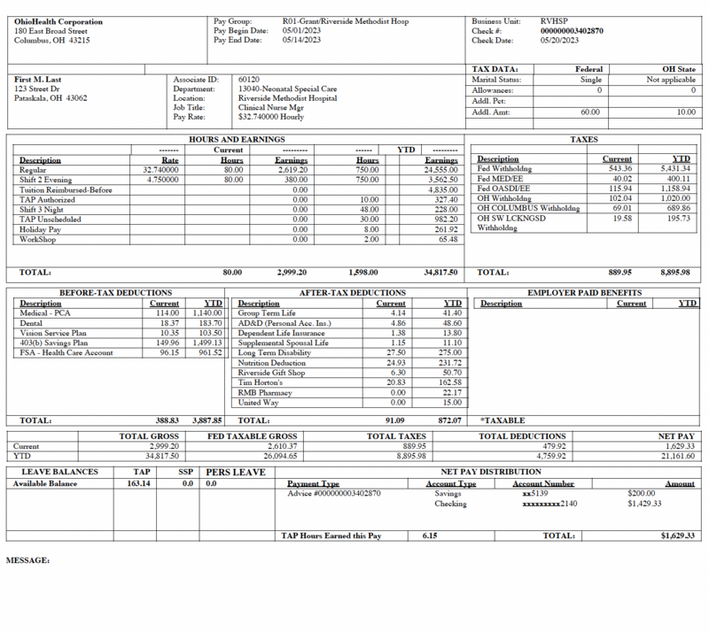 Paystub Editable Template - OhioHealth Corporation | Documentplug