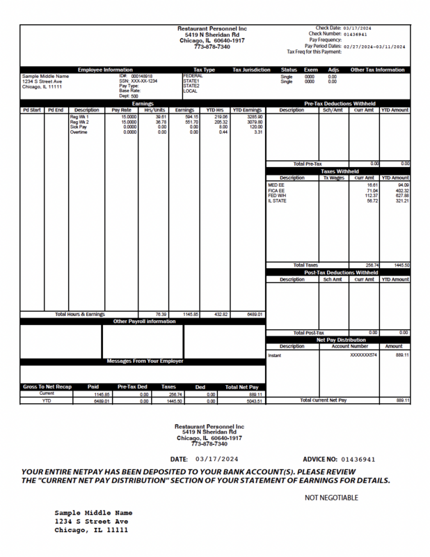 Paystub Editable Template - Restaurant Personnel Inc | Documentplug