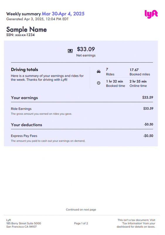 Freelance Lyft Earning Statement PDF Template – Editable Format ...