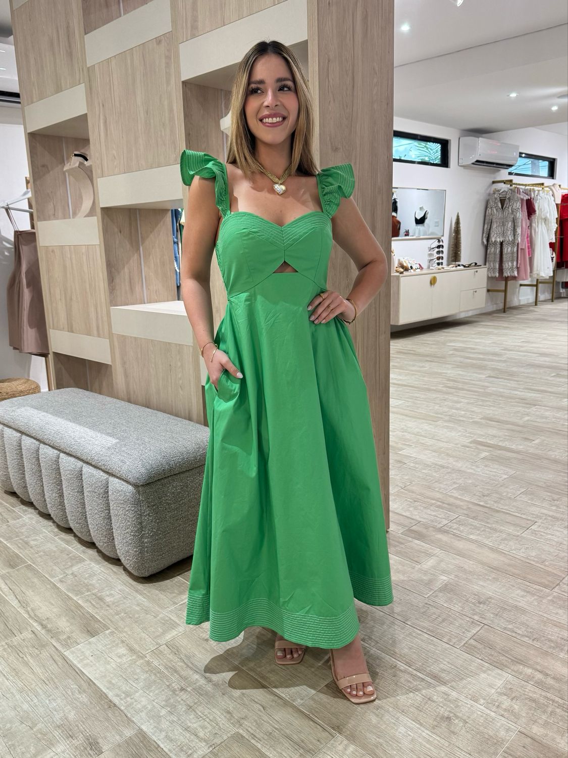 Kelly Green Ruffle Midi Dress - Inicio - Foggia Boutique