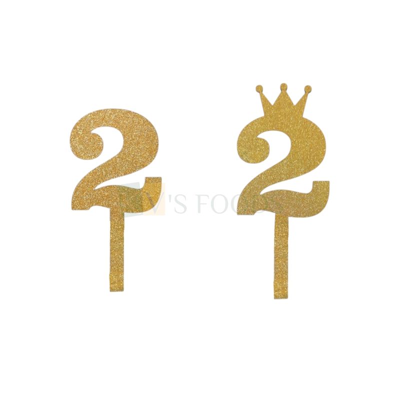 1PC Golden Shiny Glitter MDF 2 Number With Crown Cake Topper, 2 Number ...