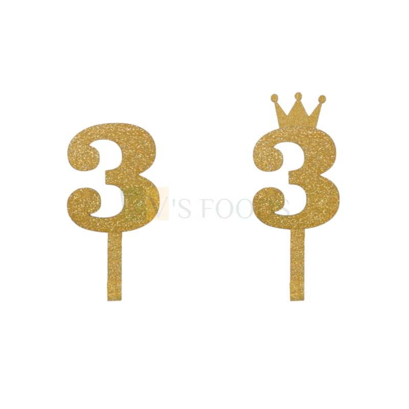1PC Golden Shiny Glitter MDF 3 Number With Crown Cake Topper, 3rd ...