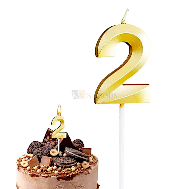 1PC Metallic Golden Colour Shiny 2 Number Wax Candle Cake Topper ...