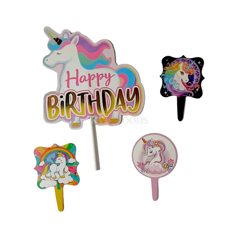 4 PCS Unicorn Cartoon Theme Paper Cake Toppers Insert Cupcake Toppers ...