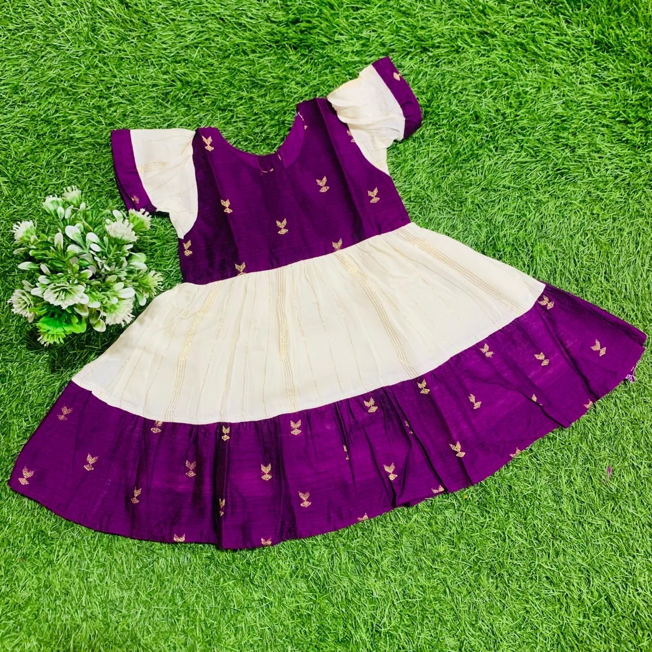 Half white frock with purple frills - full lining (0-3 months)