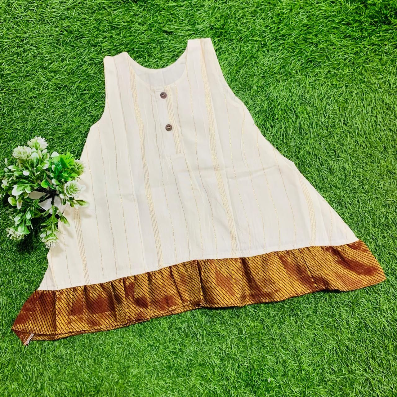 Onam A-line frock with brown frills - full lining (3-4 years)