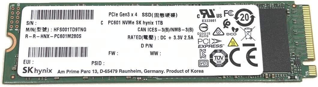 SK Hynix PC401 1TB SSD PCIe NVMe M.2 2280 HFS001TD9TNG