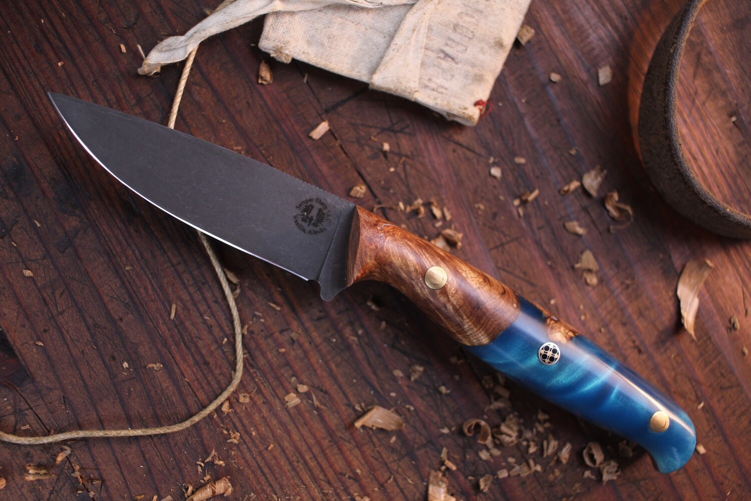 Semper Sharp Outdoorsman 3.5" Fixed Blade Knife / Spalted Maple & Turquoise Epoxy / Stonewashed ...