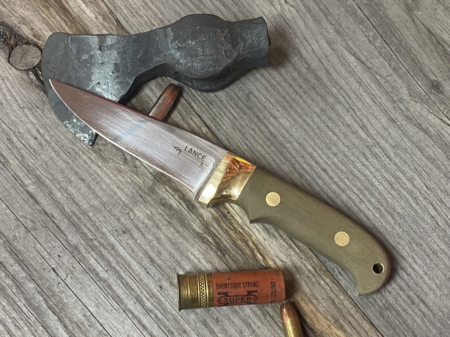 Lance Knives 4.25" Camp Knife / Green Linen Micarta w/ Brass Bolster ...