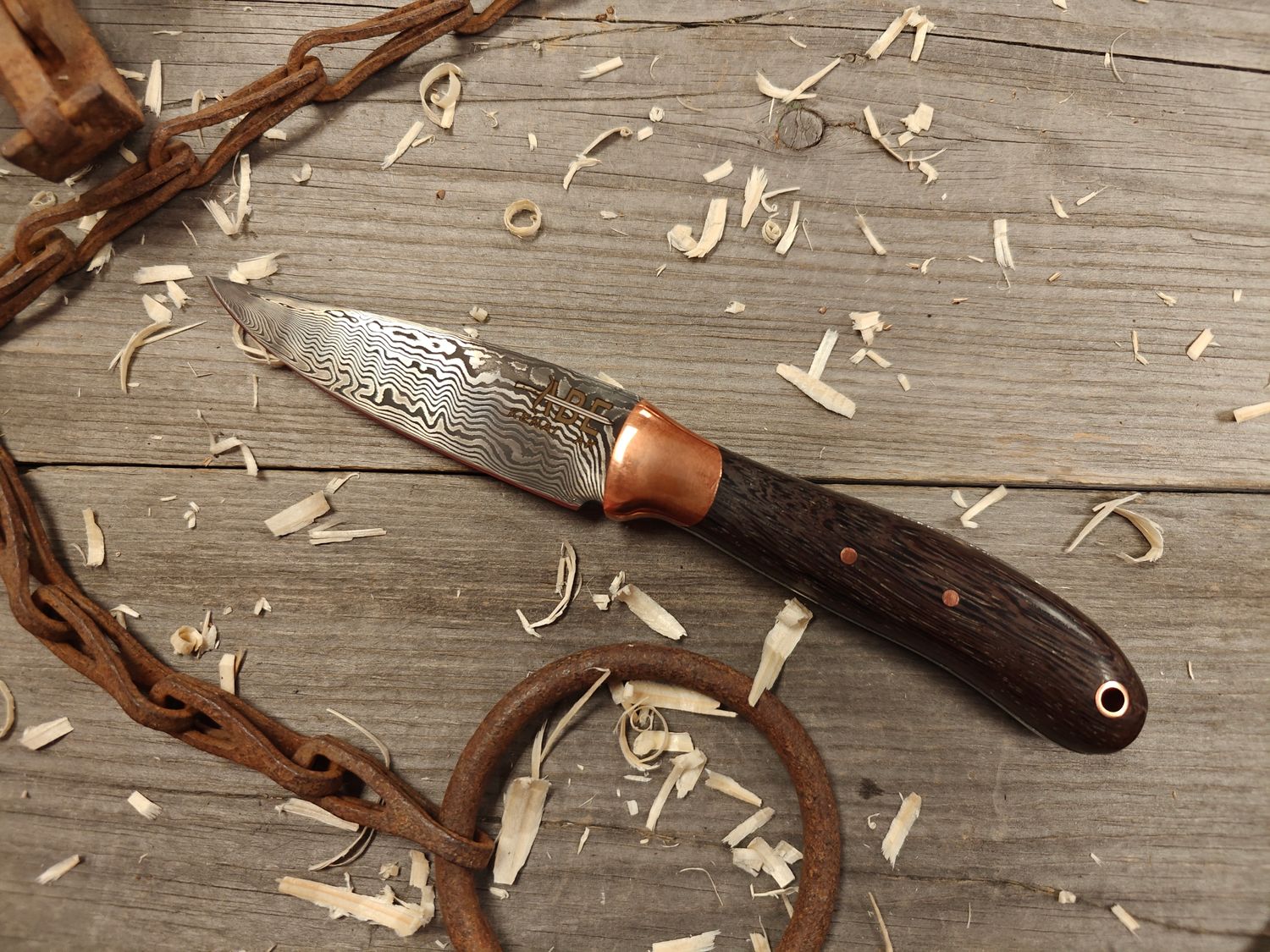 ABE Knives 4" Fixed Blade / Wenge w/ Copper Bolster / 78 Layer Damascus ...