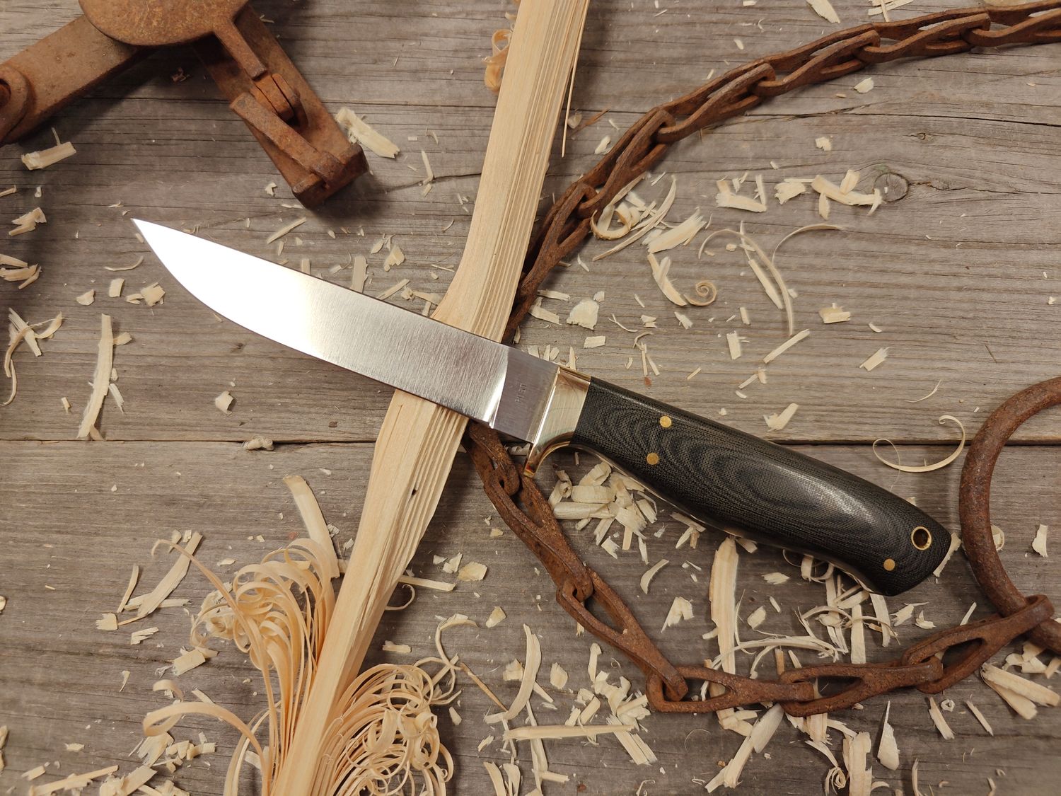 Ron Post Knives 5" Camp Knife / Black Micarta w/ Brass Bolster / Satin ...