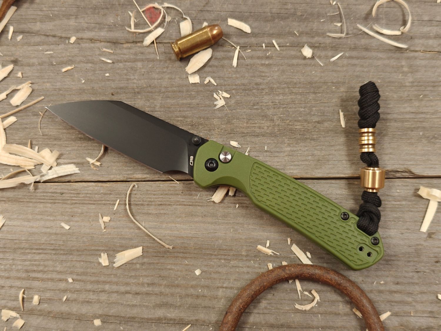 CJRB Knives Large Pyrite-Light 3.7" Buttonlock Folder / Green Polymer / Black AR-RPM9 (Pre-Owned)