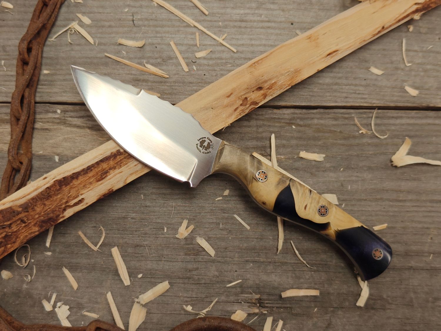 Semper Sharp Honey Badger XL 3.375" Knife / Buckeye Burl w/ Norther Lights Resin And mosaic Pins ...