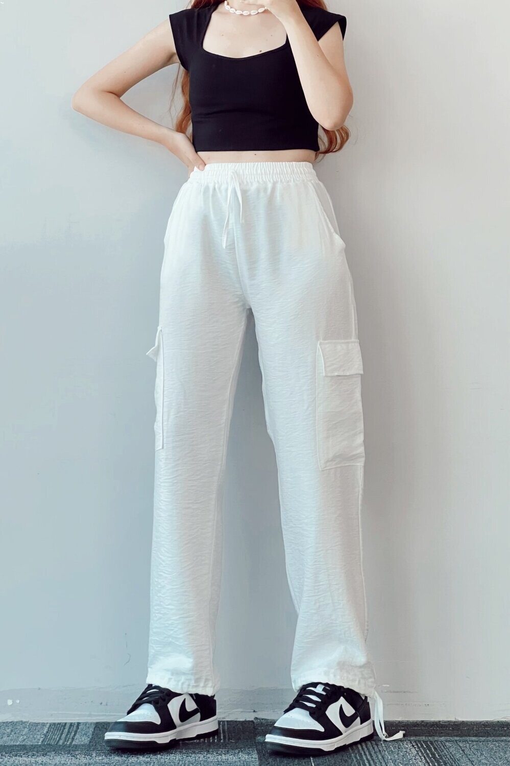 White Unisex Cargo Flowy Pants
