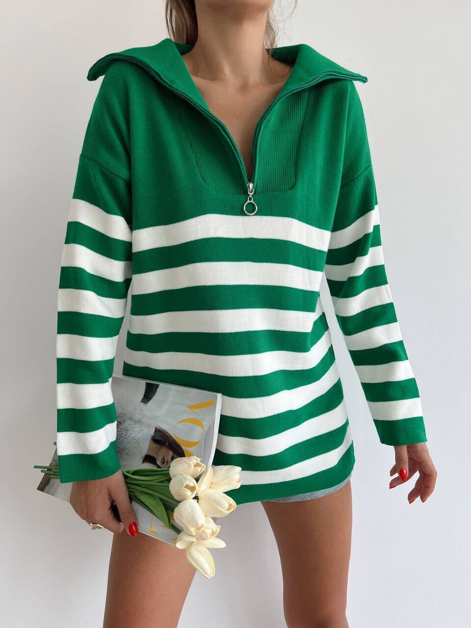 Oversized Green Striped Sweater With Wide Collar