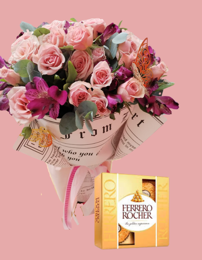 Bouquet de mini rosas y chocolates