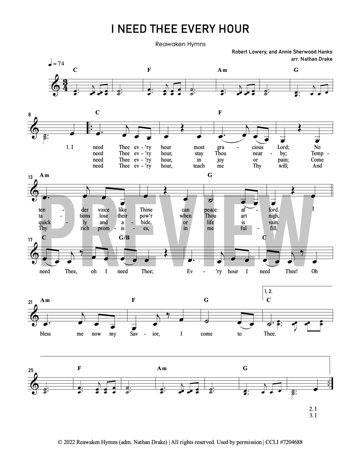 I Need Thee Every Hour - Lead Sheet I Need Thee Every Hour - Lead Sheet