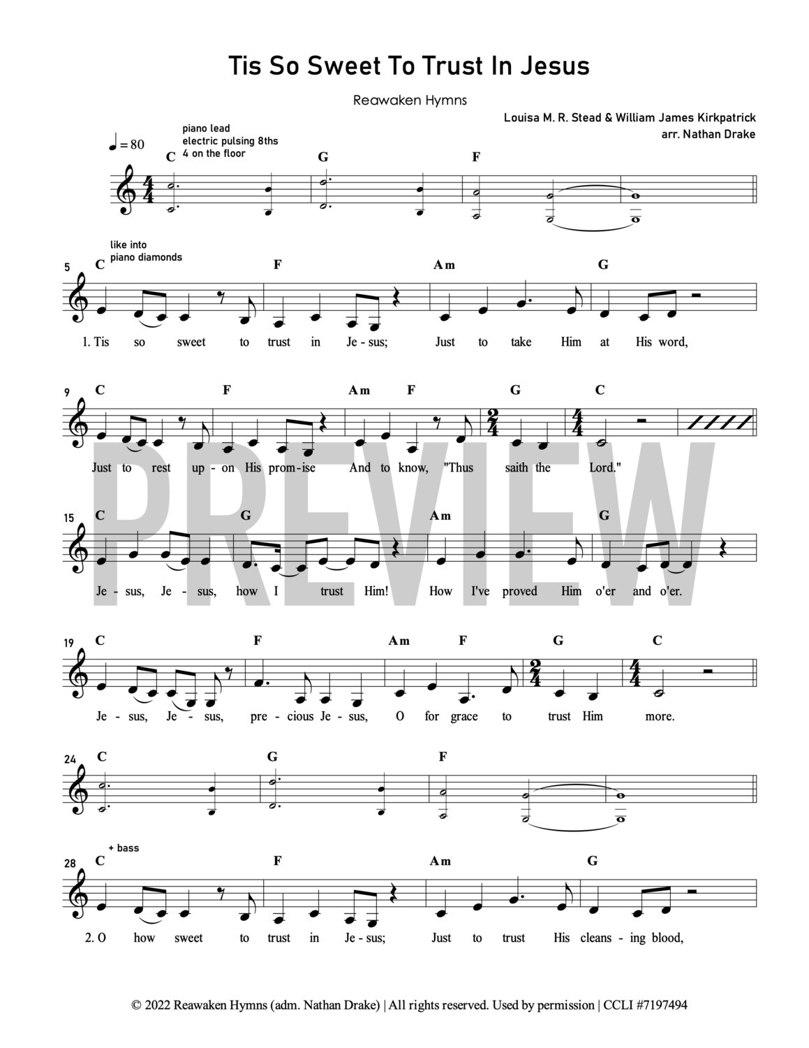 Tis So Sweet To Trust In Jesus Lead Sheet