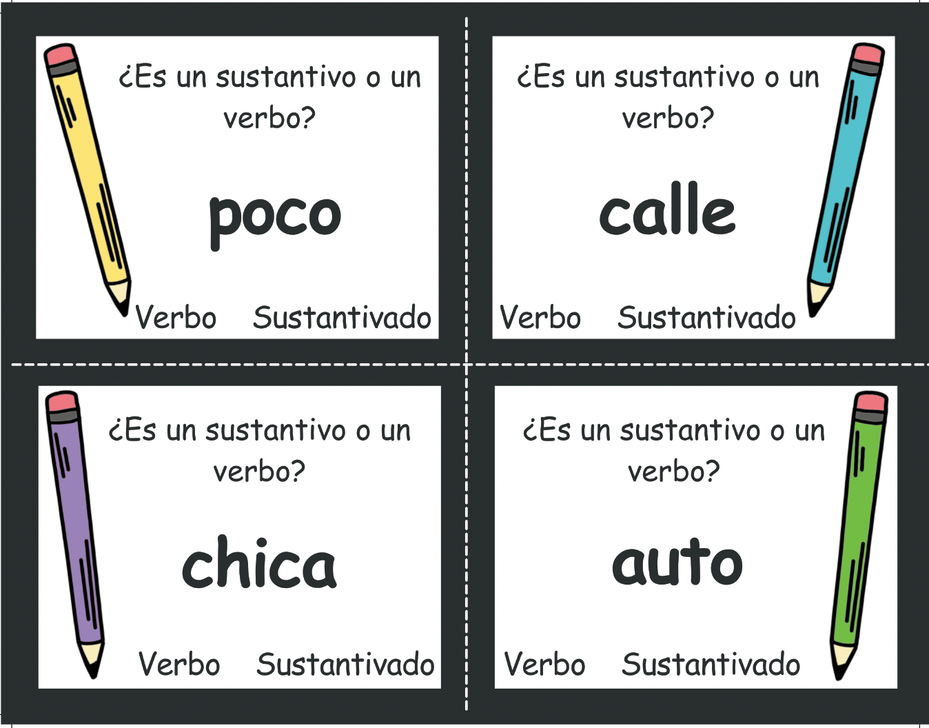 Tarjetas Educativas de Sustantivo o Verbo | Práctica de Gramática para ...